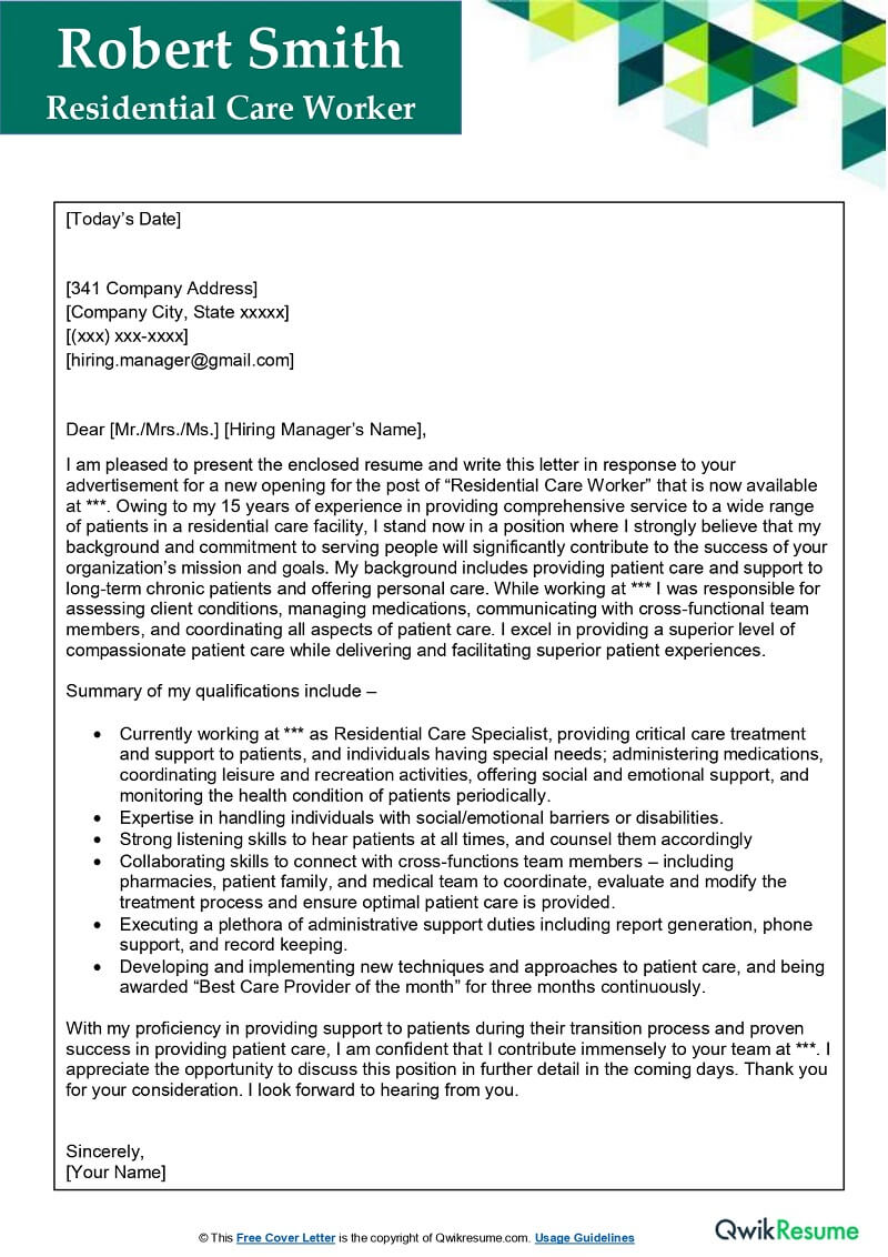 Residential Care Worker Cover Letter Examples QwikResume